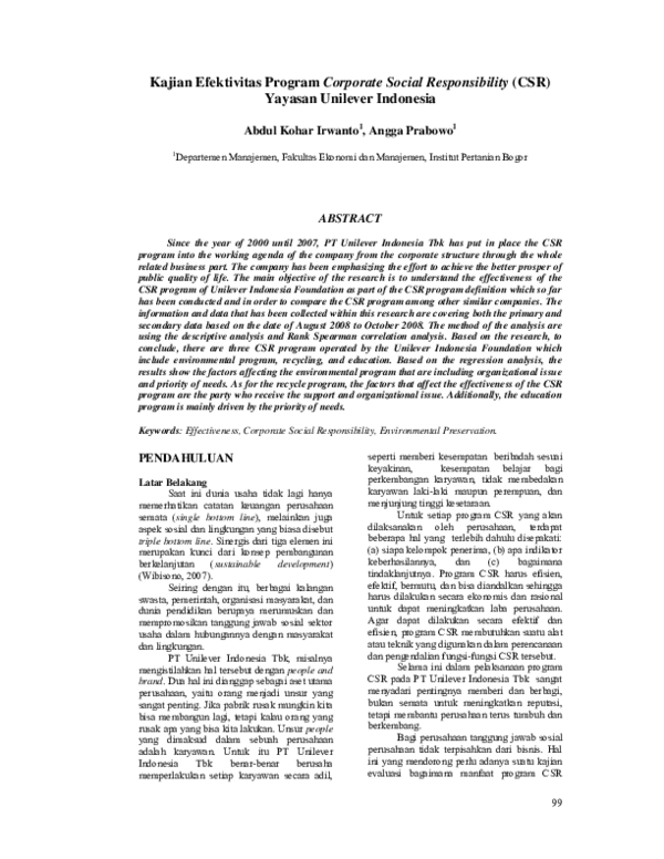 (PDF) Kajian Efektivitas Program Corporate Social Responsibility (CSR) Yayasan Unilever Indonesia
