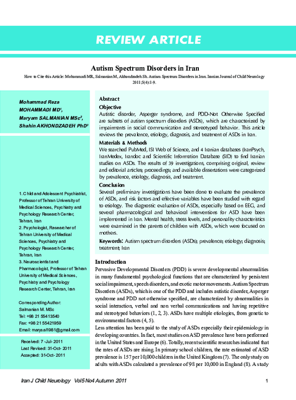 (PDF) Autism Spectrum Disorders in Iran