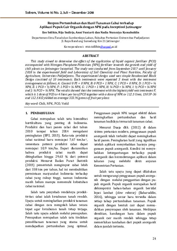 (PDF) Respon Pertumbuhan dan Hasil Tanaman Cabai terhadap Aplikasi Pupuk Cair Organik dengan NPK ...