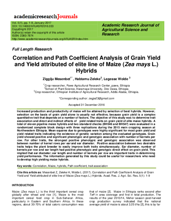 (PDF) Correlation and Path Coefficient Analysis of Grain Yield and Yield attributed of elite ...
