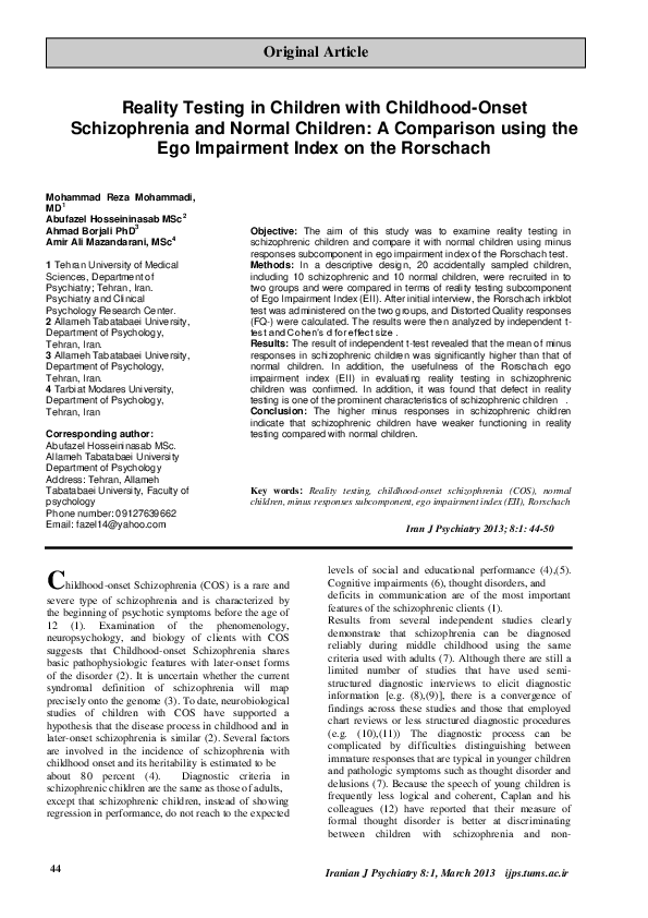 (PDF) Reality Testing in Children with Childhood-Onset Schizophrenia ...