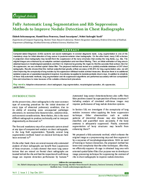 Pdf Fully Automatic Lung Segmentation And Rib Suppression Methods To Improve Nodule Detection 