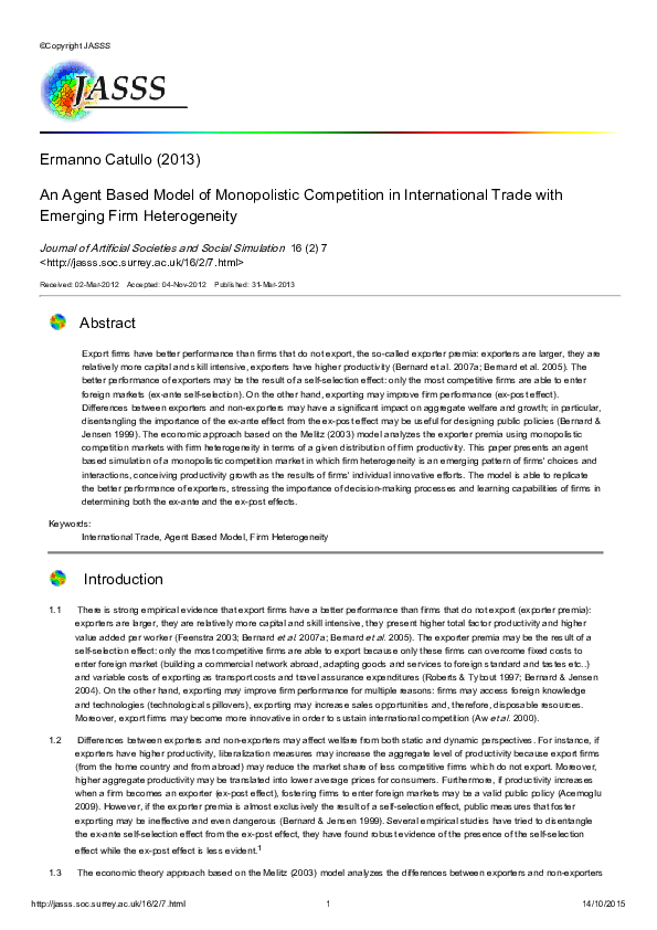 (PDF) An Agent Based Model of Monopolistic Competition in International Trade with Emerging Firm ...