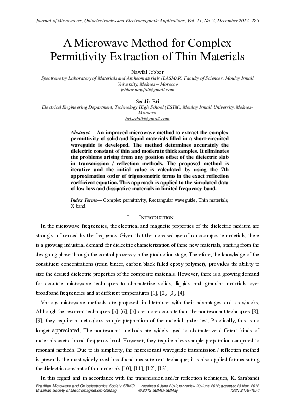 (PDF) A microwave method for complex permittivity extraction of thin ...