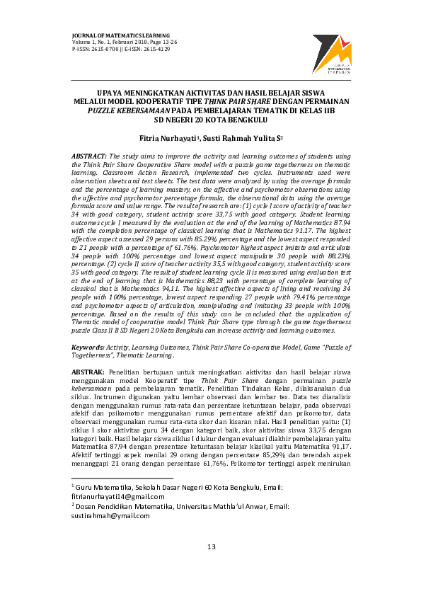 (PDF) Upaya Meningkatkan Aktivitas dan Hasil Belajar Siswa Melalui ...