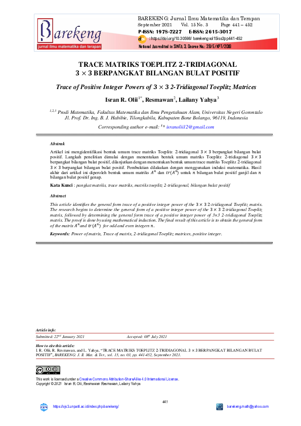 (PDF) Trace Matriks Toeplitz 2-TRIDIAGONAL 3×3 Berpangkat Bilangan ...