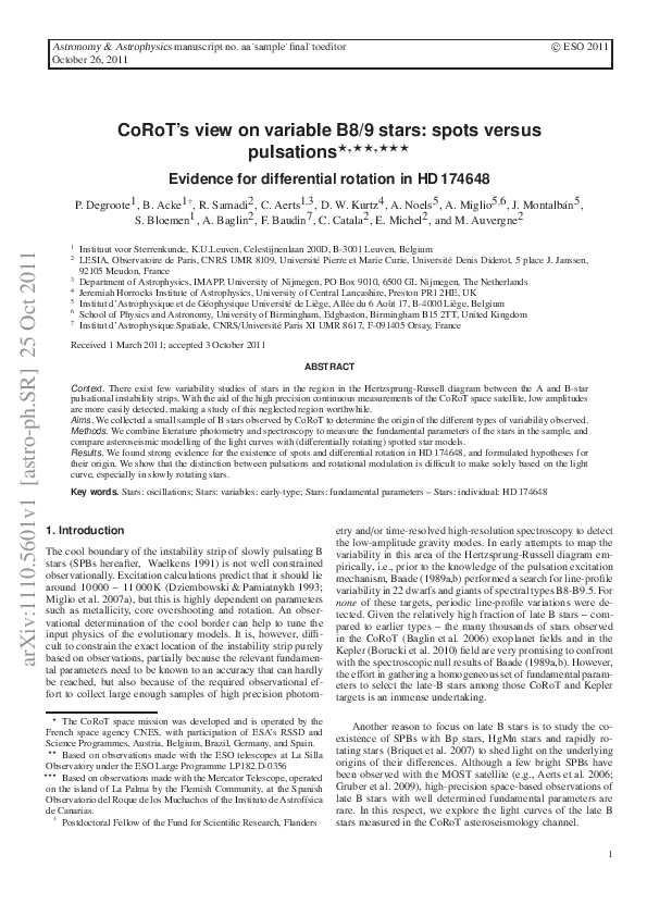 (PDF) CoRoT’s view on variable B8/9 stars: spots versus pulsations
