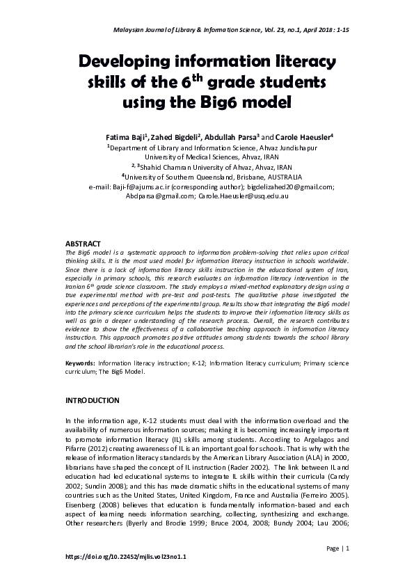 (PDF) Developing information literacy skills of the 6th grade students ...