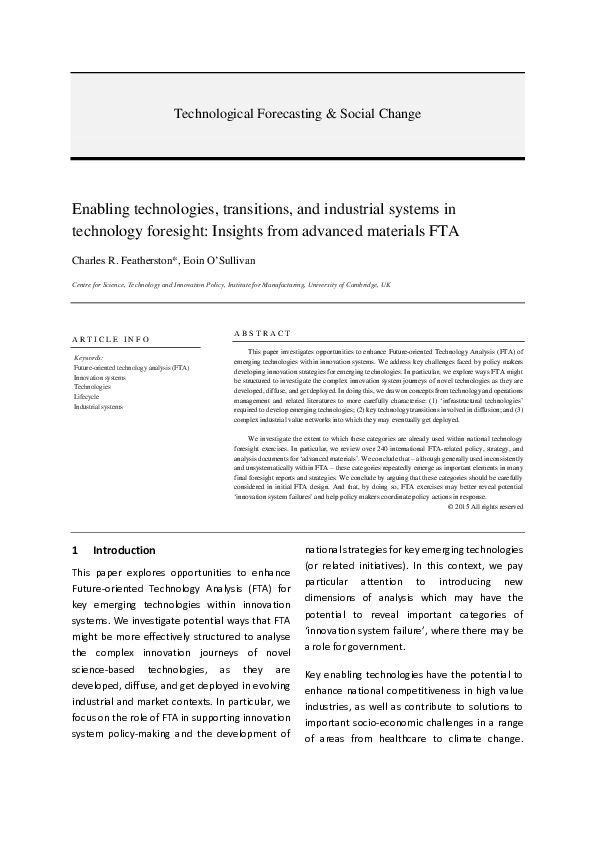 (PDF) Enhancing Technology Foresight in Innovation Systems