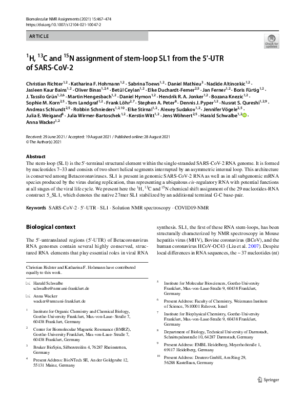 (PDF) 1H, 13C and 15N chemical shift assignment of the stem-loop 5a from the 5′-UTR of SARS-CoV ...