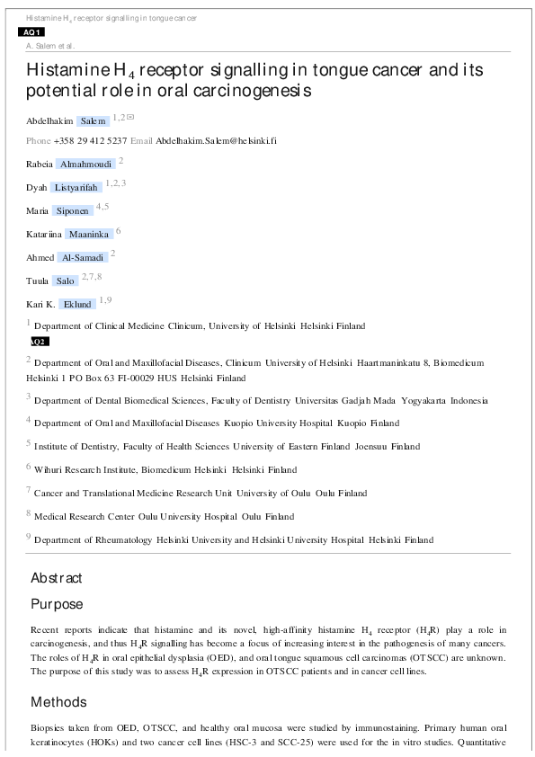 (PDF) Histamine H4 receptor signalling in tongue cancer and its ...