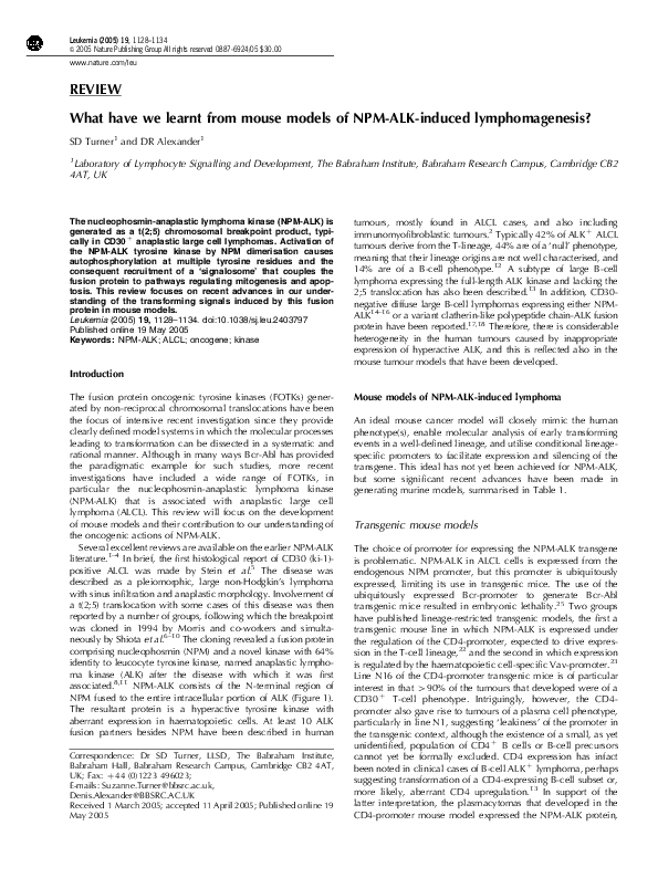 (PDF) What have we learnt from mouse models of NPM-ALK-induced ...