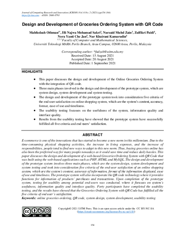 (PDF) Design and Development of Groceries Ordering System with QR Code