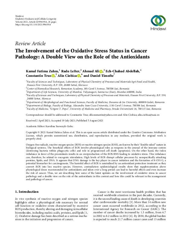 (PDF) The Involvement of the Oxidative Stress Status in Cancer Pathology: A Double View on the ...