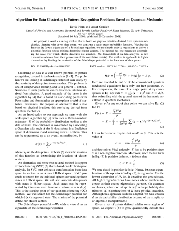 (PDF) Algorithm for Data Clustering in Pattern Recognition Problems Based on Quantum Mechanics