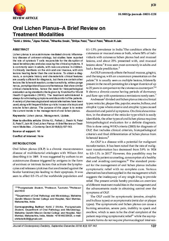 (PDF) Oral Lichen Planus–A Brief Review on Treatment Modalities
