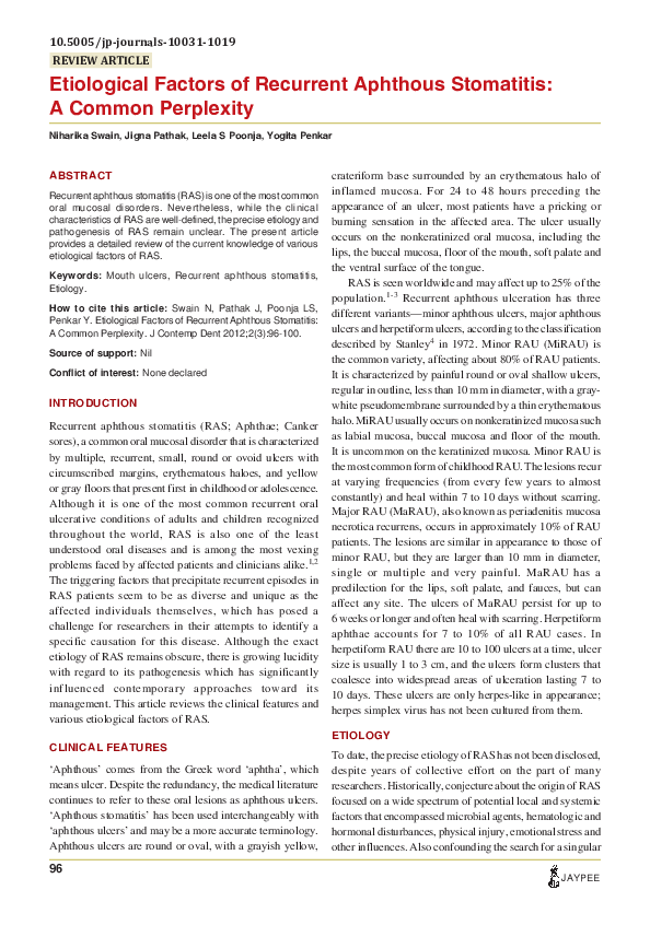 (PDF) Etiological Factors of Recurrent Aphthous Stomatitis: A Common Perplexity