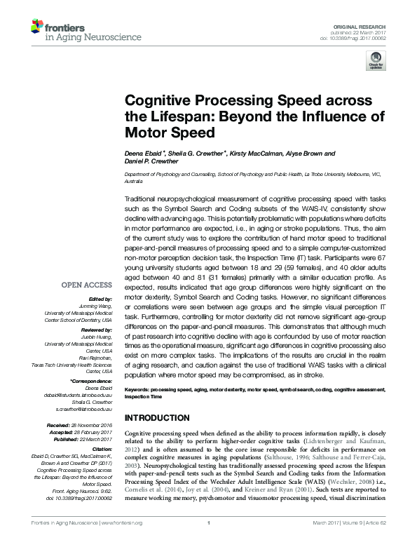 (PDF) Cognitive Processing Speed across the Lifespan: Beyond the ...