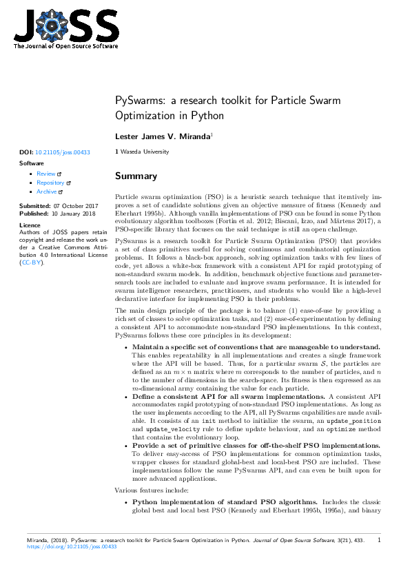 Pdf Pyswarms A Research Toolkit For Particle Swarm Optimization In