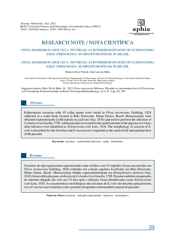 (PDF) Physa marmorata (Molusca: Physidae) as intermediate host of ...