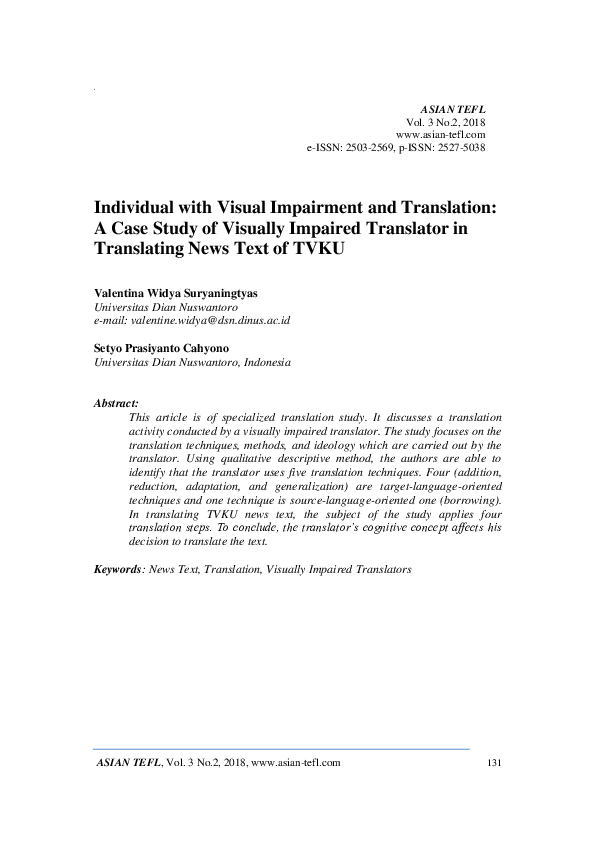 (PDF) Individual with Visual Impairment and Translation: A Case Study ...