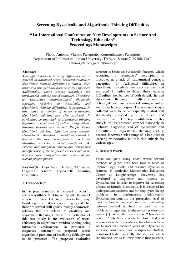 (PDF) Screening Dyscalculia and Algorithmic Thinking Difficulties