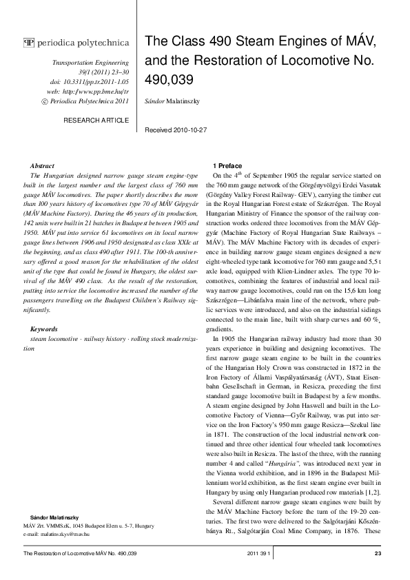 (PDF) The Class 490 Steam Engines of MÁV, and the Restoration of ...