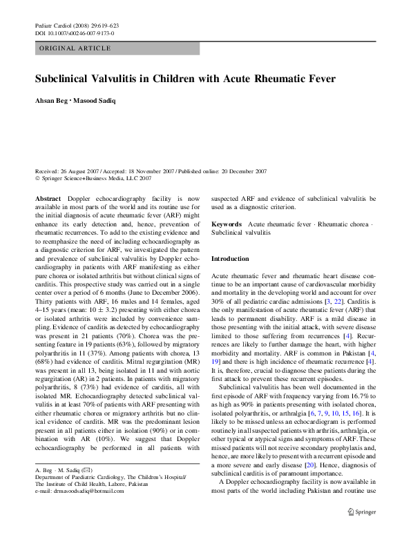 (PDF) Subclinical Valvulitis in Children with Acute Rheumatic Fever