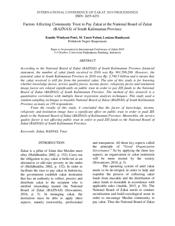 (PDF) Factors Affecting Community Trust to Pay Zakat at the National Board of Zakat (BAZNAS) of ...