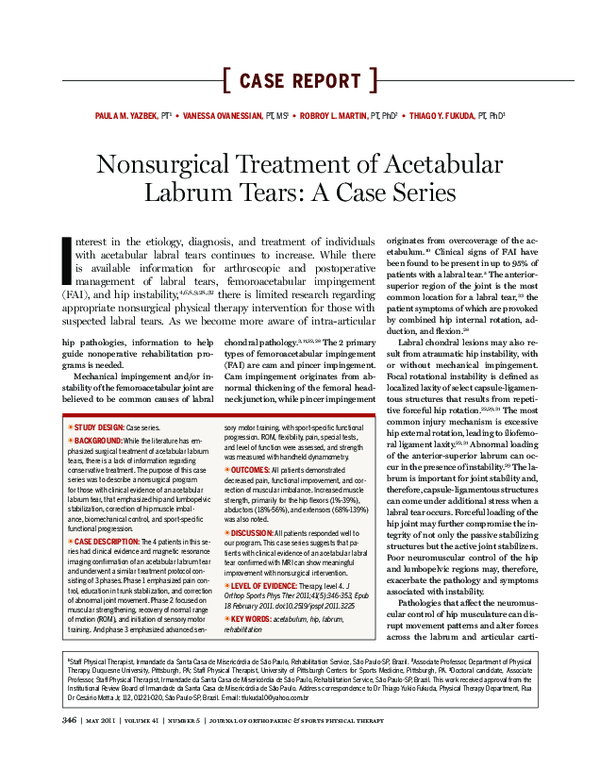 (PDF) Nonsurgical treatment of acetabular labrum tears: a case series