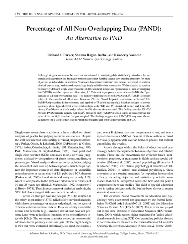 (PDF) Percentage of All Non-Overlapping Data (PAND): An Alternative to PND