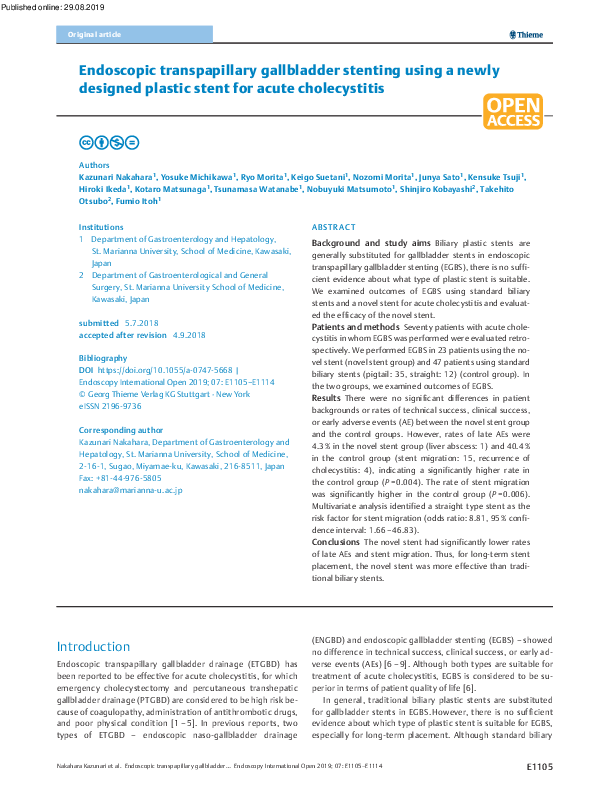 (PDF) Endoscopic transpapillary gallbladder stenting using a newly ...