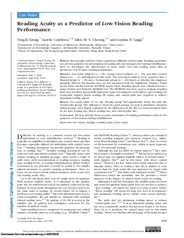 (PDF) Reading Acuity as a Predictor of Low-Vision Reading Performance