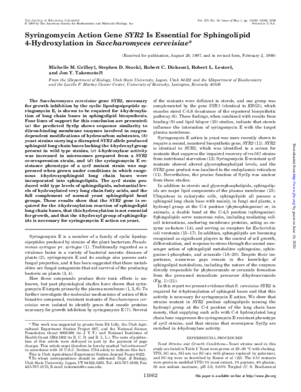 (PDF) Syringomycin Action Gene SYR2 Is Essential for Sphingolipid 4 ...