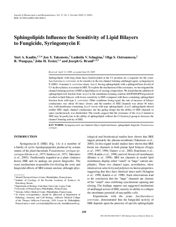 (PDF) Sphingolipids Influence the Sensitivity of Lipid Bilayers to Fungicide, Syringomycin E