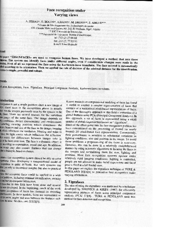 Pdf Face Recognition Under Varying Views Abdenour Sehad