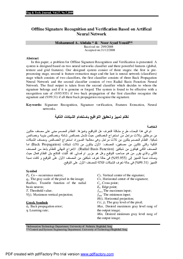 (PDF) An Offline Signature Recognition and Verification System Based on Neural Network