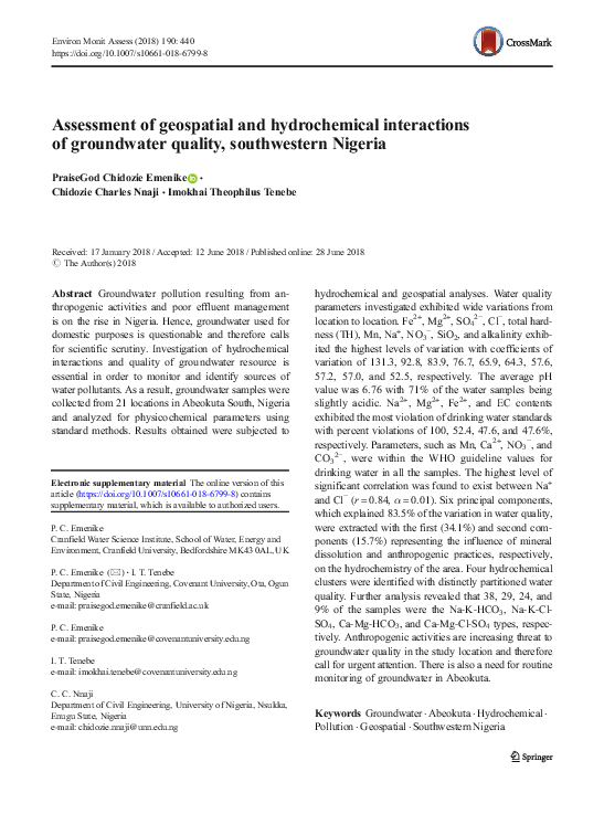 (PDF) Assessment of geospatial and hydrochemical interactions of groundwater quality ...