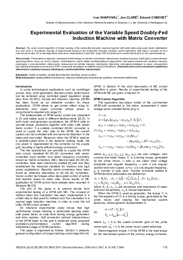 Pdf Experimental Evaluation Of The Variable Speed Doubly Fed Induction Machine With Matrix
