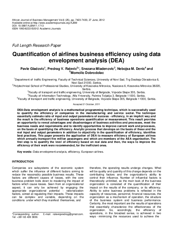 (PDF) Quantification of airlines business efficiency using data envelopment analysis (DEA)
