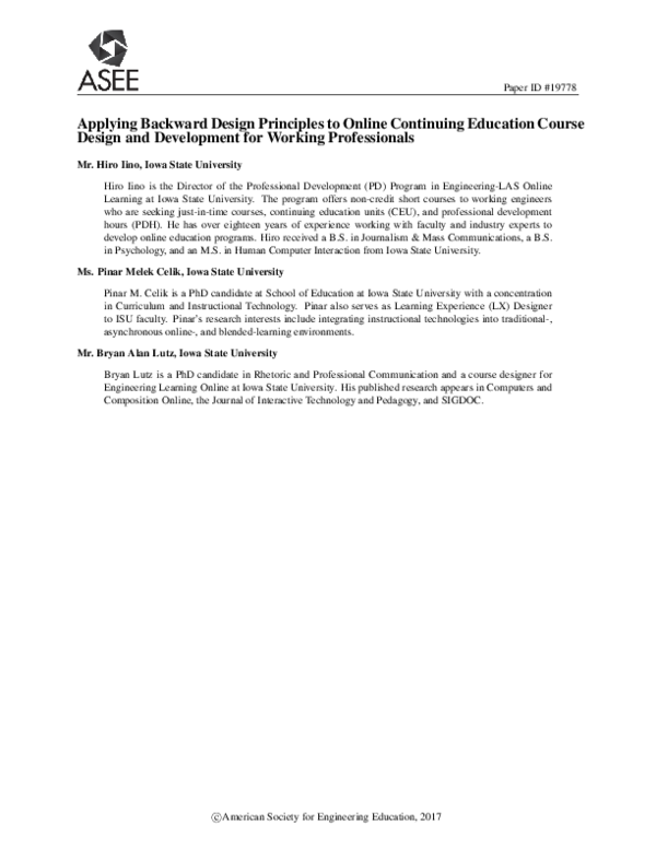 (PDF) Applying Backward Design Principles to Online Continuing ...