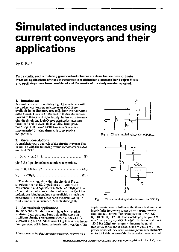 (PDF) Simulated inductances using current conveyors and their applications