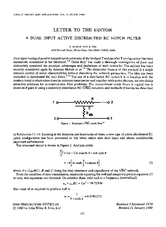 (PDF) A dual input active distributed RC notch filter