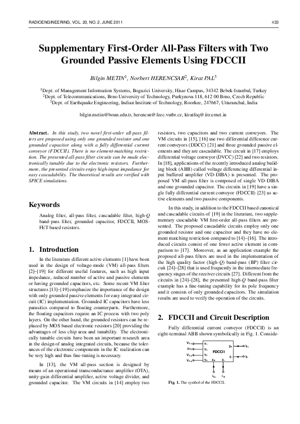 Pdf Supplementary First Order All Pass Filters With Two Grounded Passive Elements Using Fdccii
