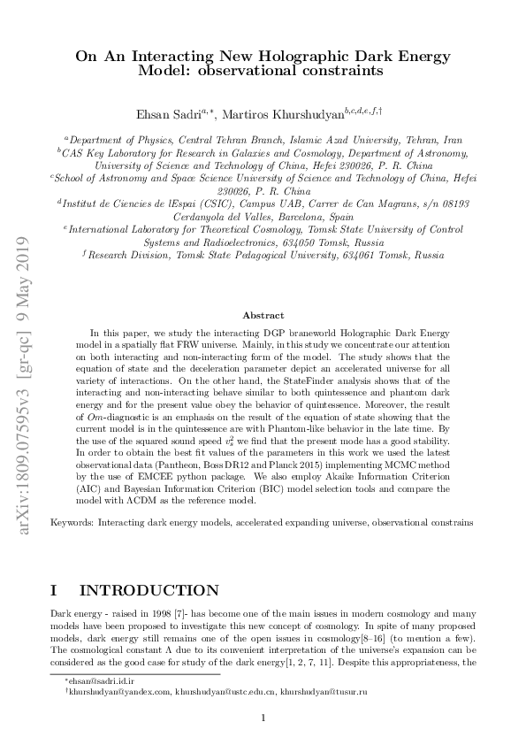 (PDF) On An Interacting New Holographic Dark Energy Model: observational constraints