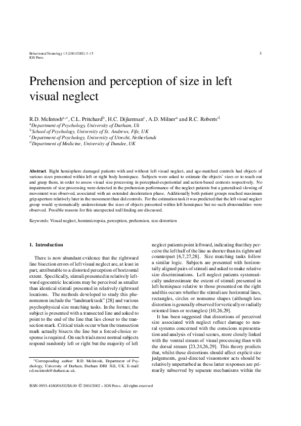 (PDF) Prehension and Perception of Size in Left Visual Neglect | AD ...