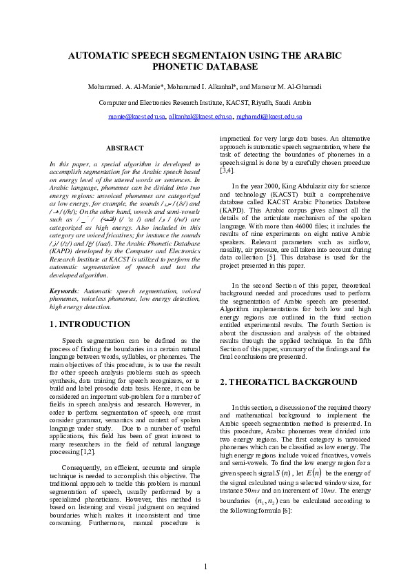(PDF) Automatic speech segmentation using the Arabic phonetic database