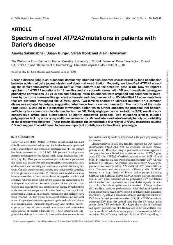(PDF) Spectrum of novel ATP2A2 mutations in patients with Darier's disease