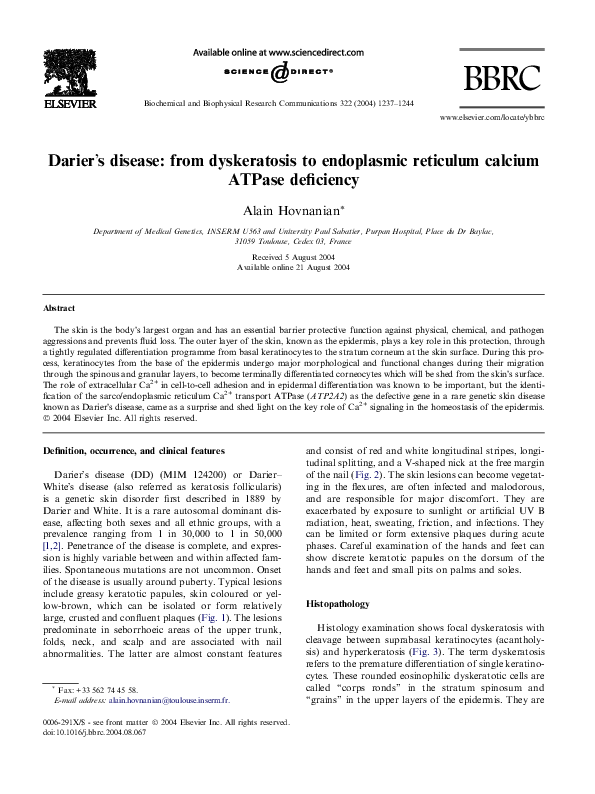 (PDF) Darier’s disease: from dyskeratosis to endoplasmic reticulum calcium ATPase deficiency