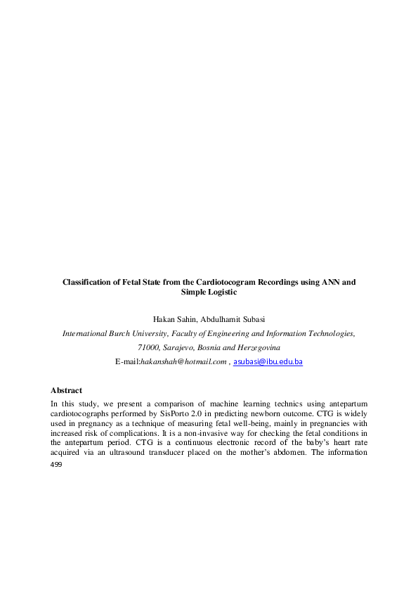 (PDF) Classification of Fetal State from the Cardiotocogram Recordings ...